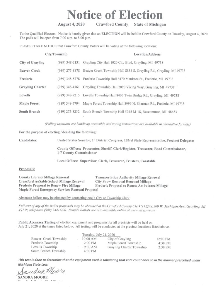 NOTICE OF ELECTION - Frederic Township